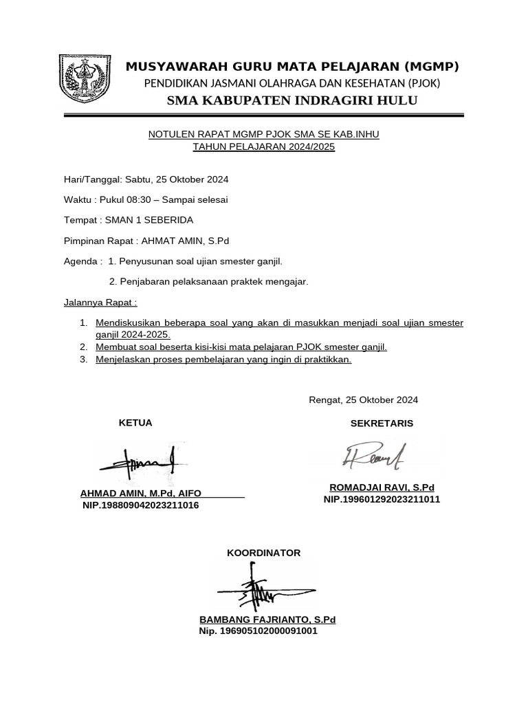 Notulen Rapat MGMP Pjok Oktober. | PDF