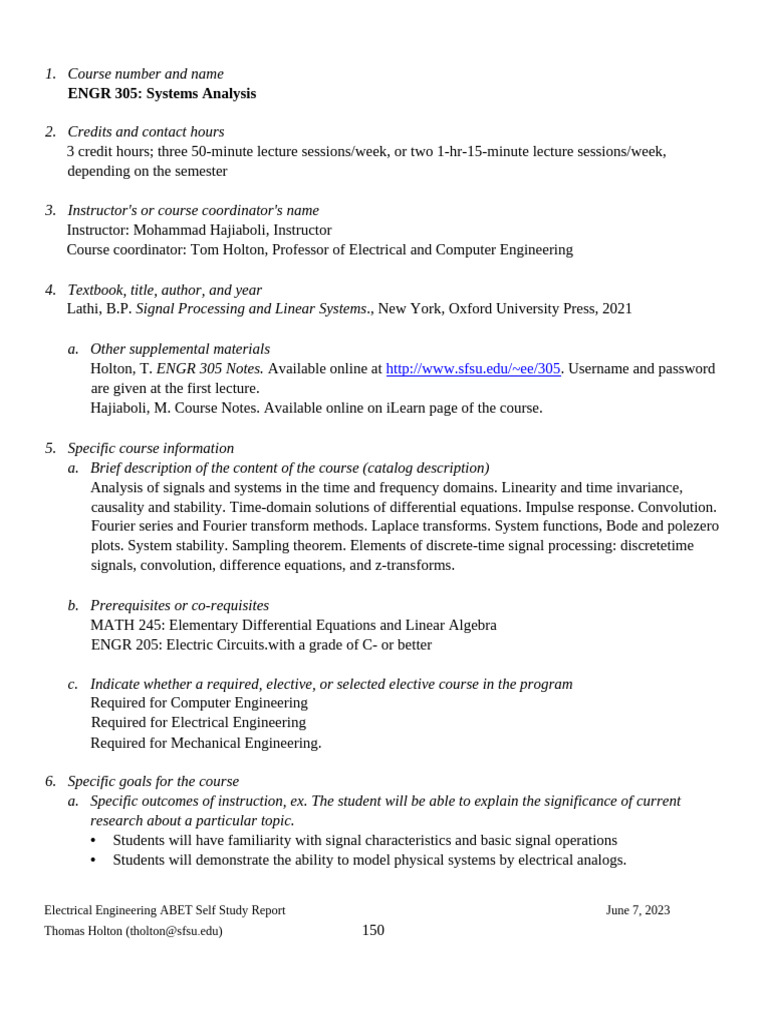 ENGR 305 Systems Analysis Course Syllabus | PDF | Laplace Transform | Fourier Transform