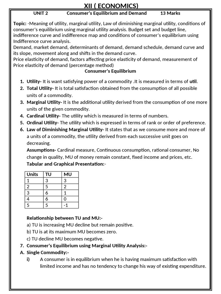 Unit2 Class XI Macroeconomics | PDF | Utility | Demand