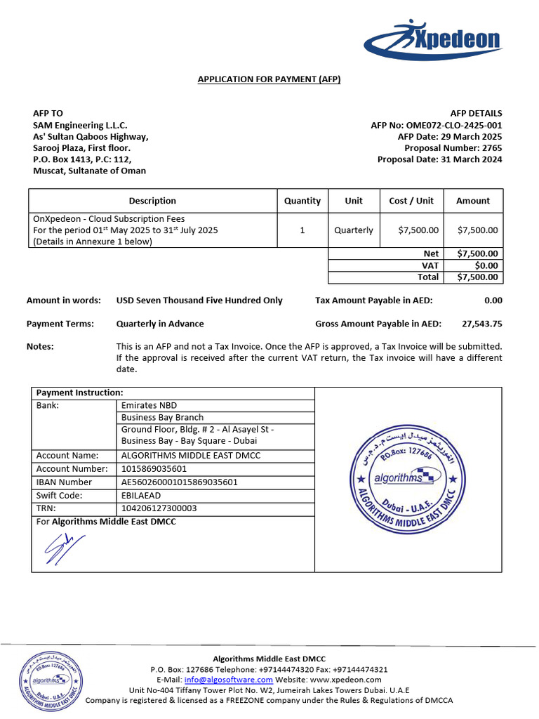 Proforma - OME072-CLO-2425-001 - Cloud Subscription (May.25 to July.25) - SAM Engineering | PDF ...