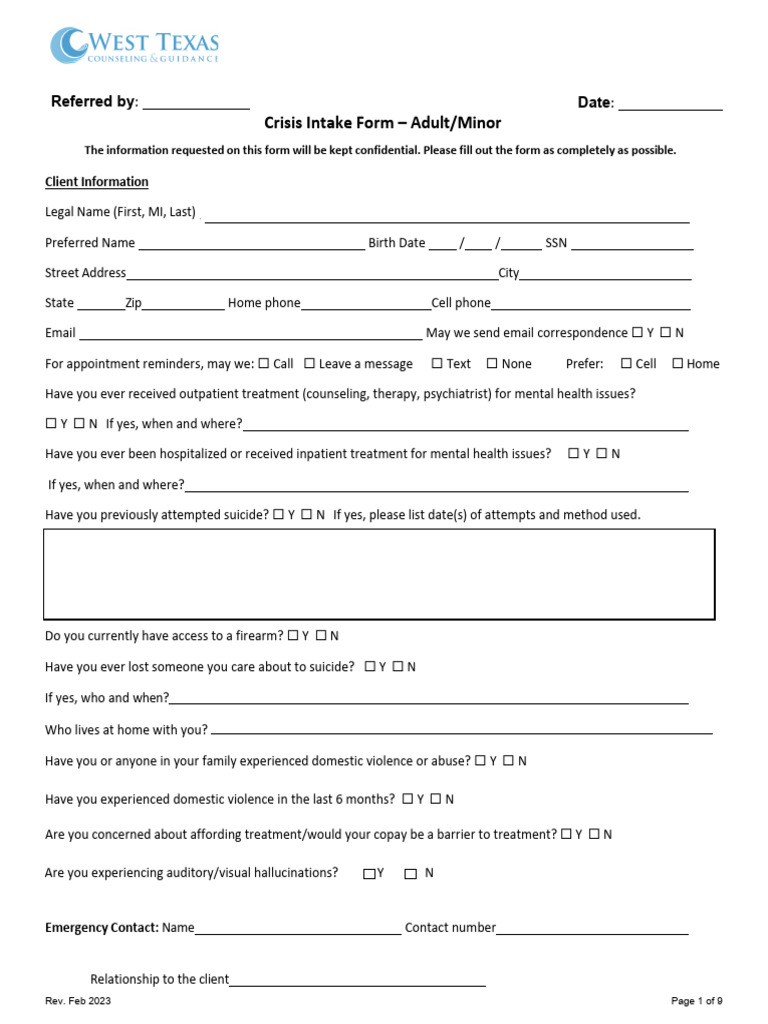 Crisis Intake Packet - Adult Minor | PDF