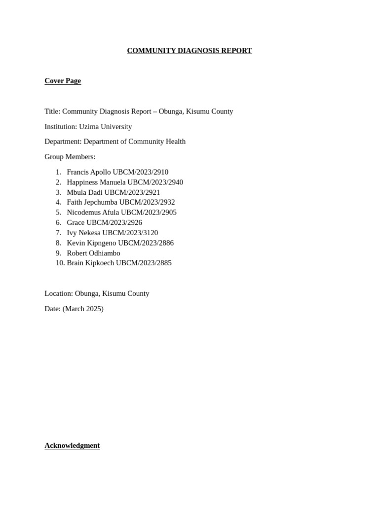 Community Diagnosis Report: Obunga, Kisumu | PDF | Sanitation ...