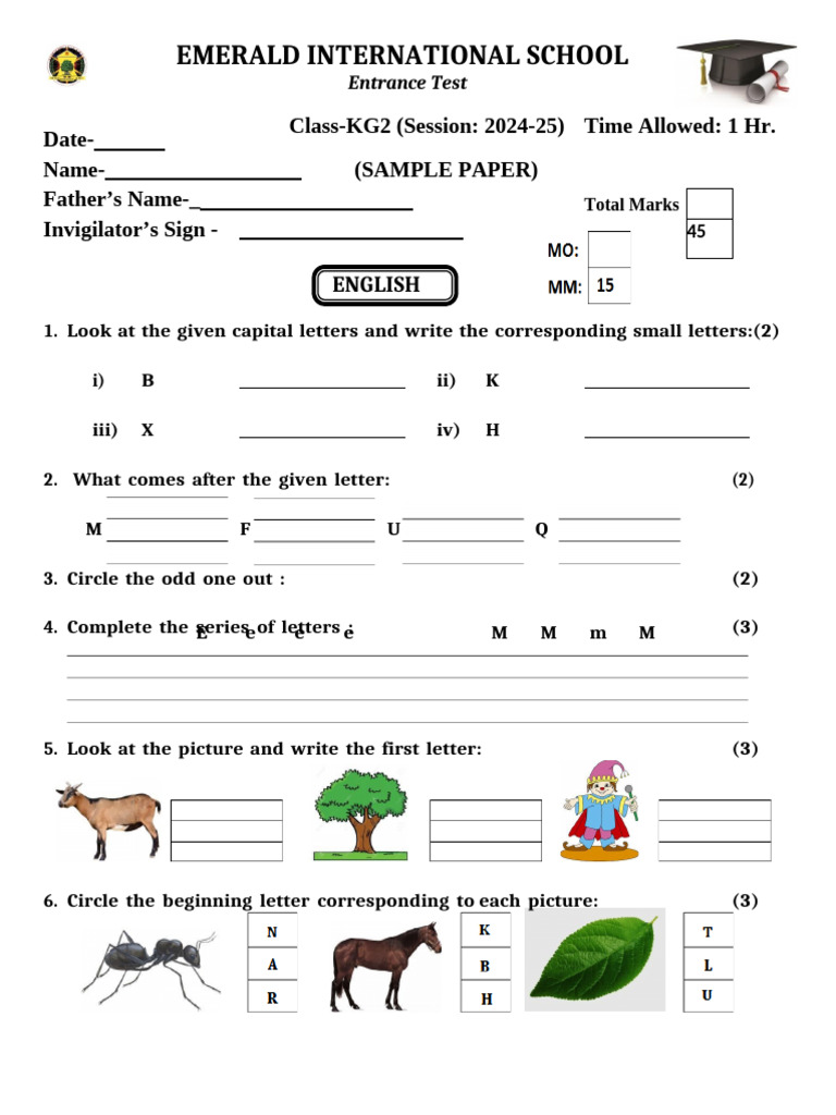 KG2 Entrance Test Sample Paper | PDF