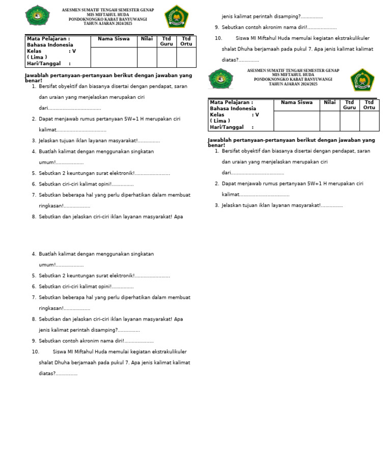 Asesmen Sumatif Tengah Semester Genap Bindo KLS 5 | PDF