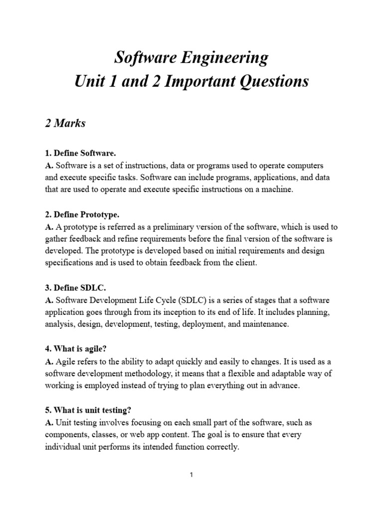 SE Unit 1 and 2 Important Questions | PDF | Software Development Process | Agile Software ...