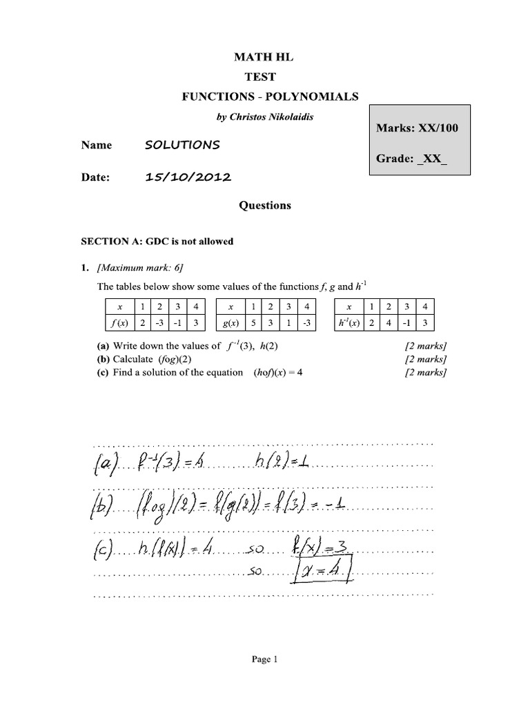 TEST 1. Functions-Polynomials (SOLUTIONS) | PDF