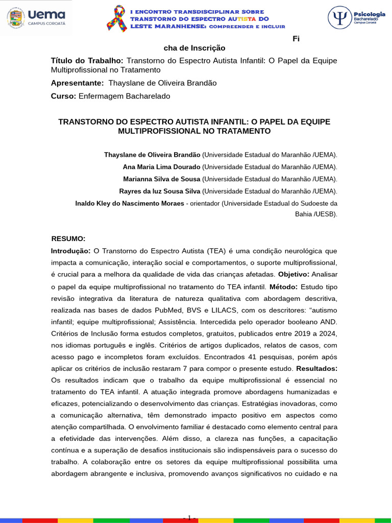 Transtorno Do Espectro Autista Infantil o Papel Da Equipe Multiprofissional No Tratamento. | PDF ...