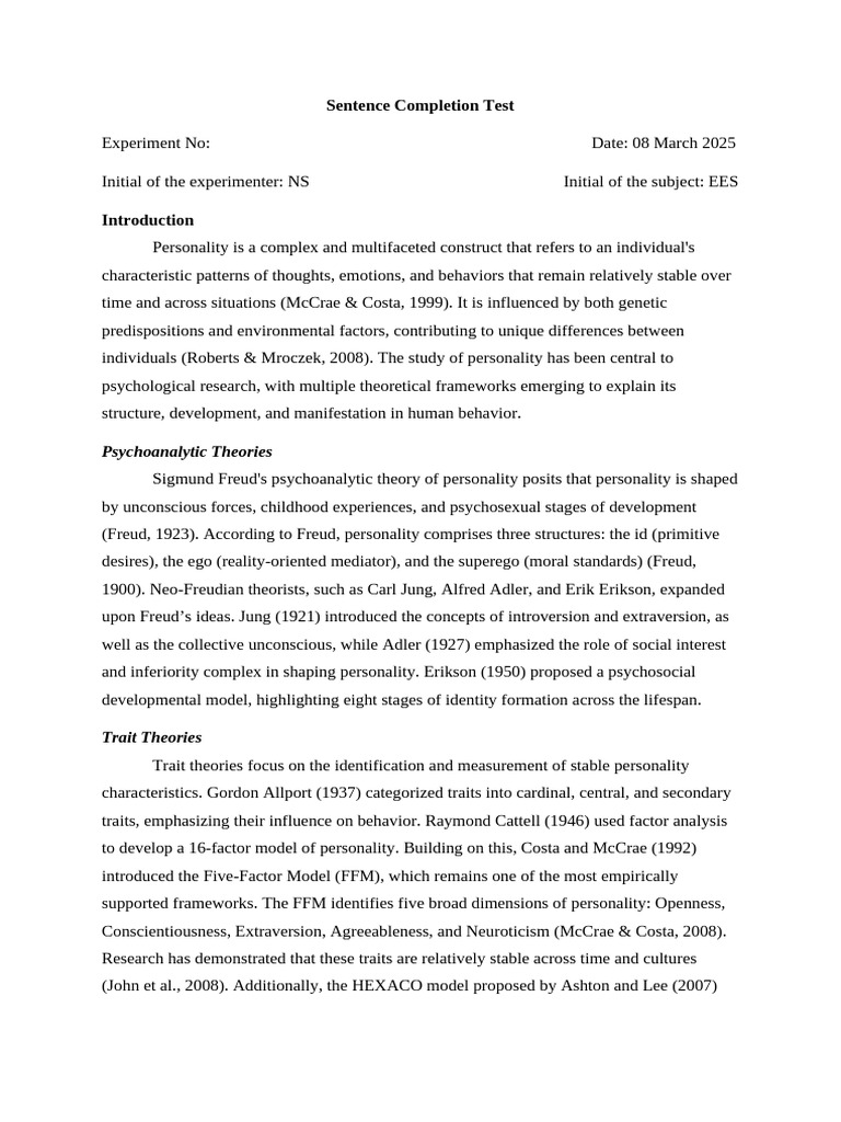 Sentence Completion Test | PDF | Psychology | Attitude (Psychology)