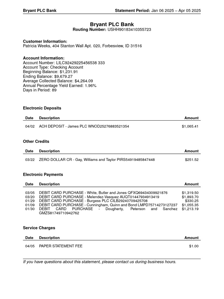 Bryant PLC Bank Statement Period | PDF