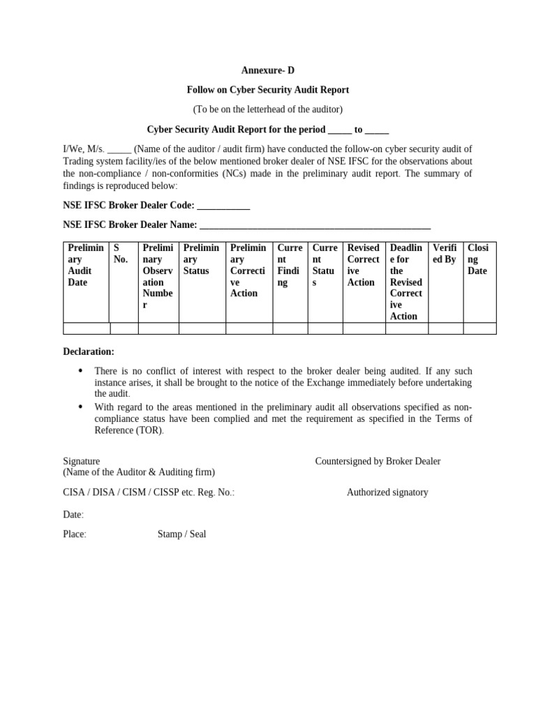 Annexure D - Follow-On Audit Report Format | PDF | Accounting | Business