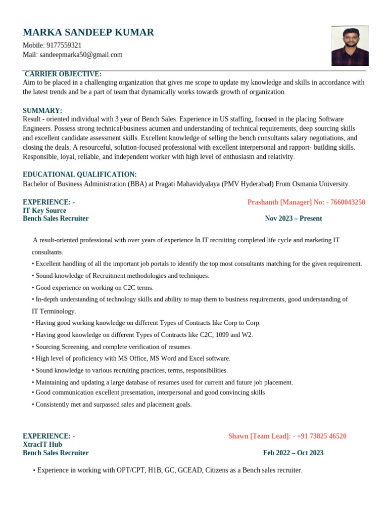 Bench Sales Recruiter Resume Summary | PDF | Recruitment