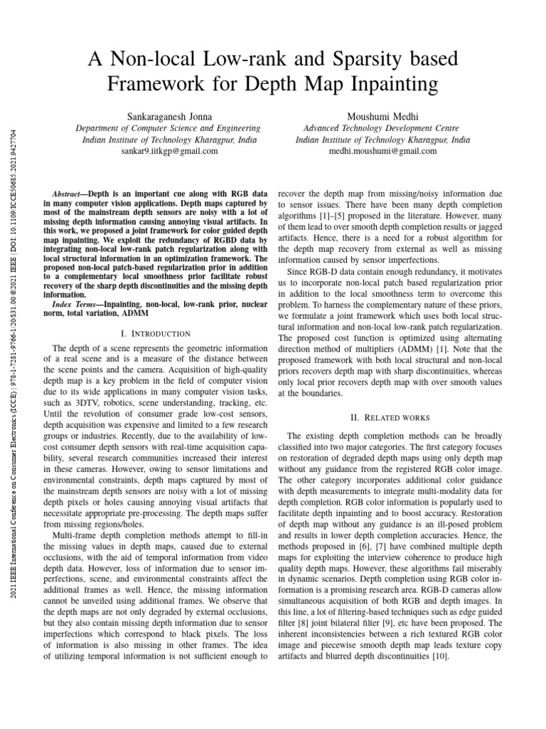 A Non-local Low-rank and Sparsity Based Framework for Depth Map Inpainting | PDF | Algorithms ...