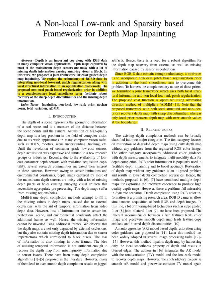 ICCE2020 - A Non-Local Low-Rank and Sparsity Based Framework For Depth Map Inpainting | PDF ...