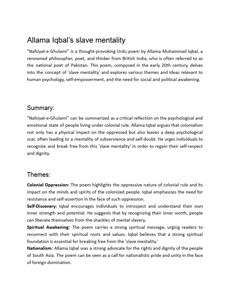 Allama Iqbal's Slave Mentality | PDF | Poetry | Liberal Arts Education