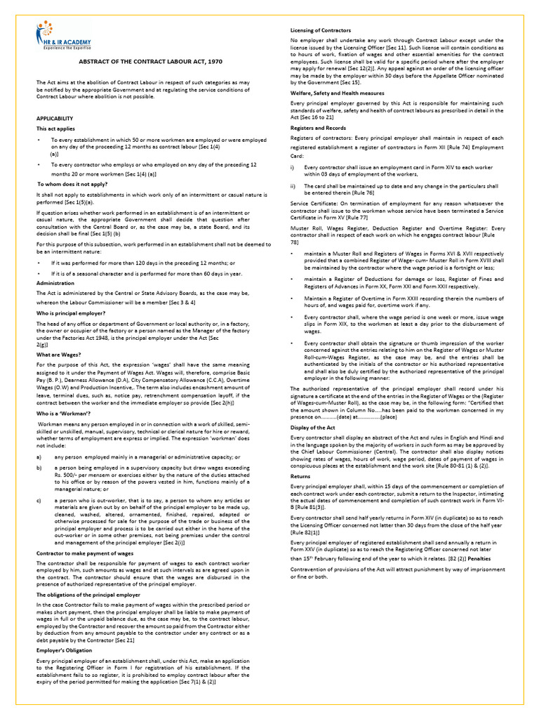 Abstract of The Contract Labour Act, 1970 | PDF | Employment | Overtime