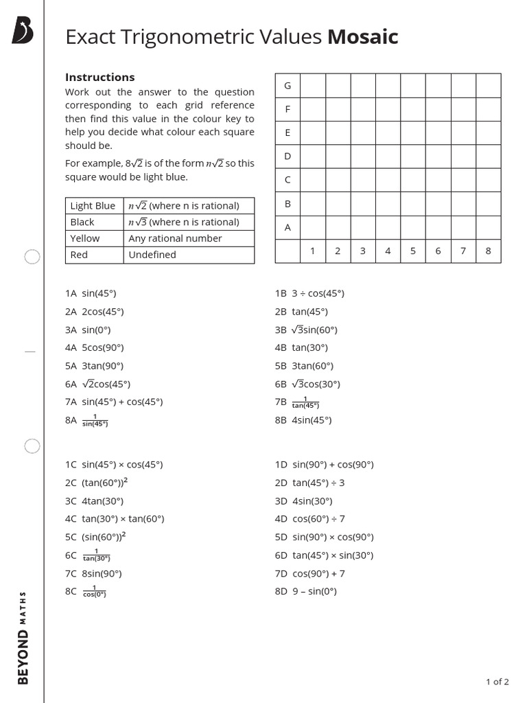 t3 M 4797 Exact Trigonometric Values Mosaic Activity Sheets English ...