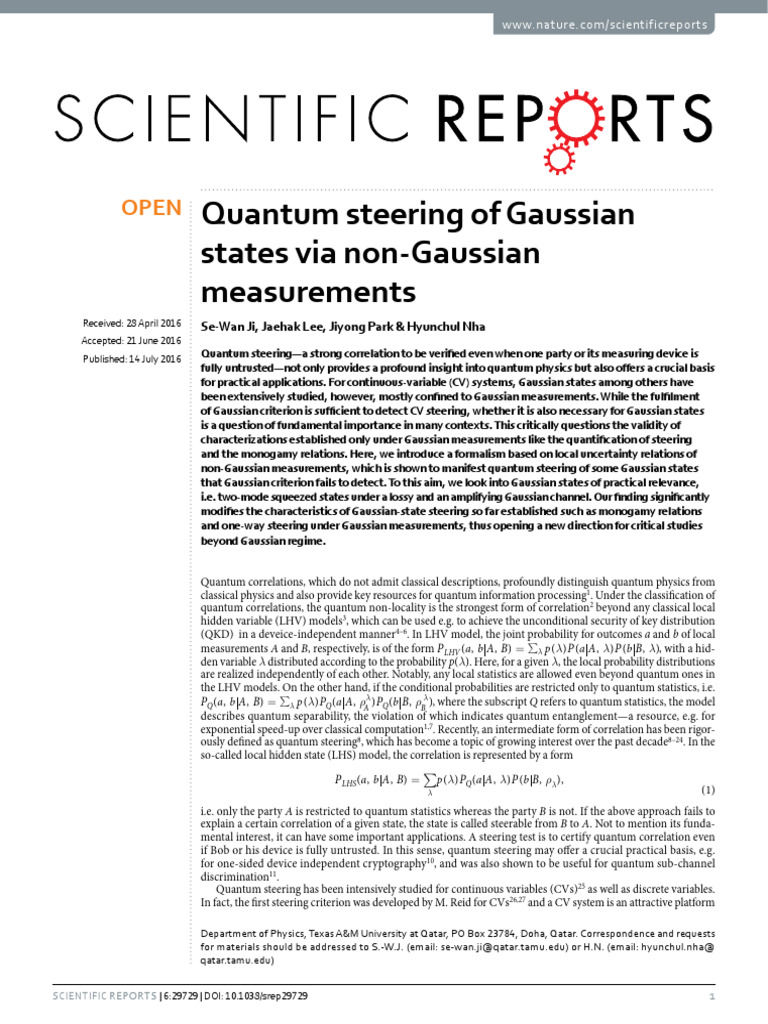 Quantum Steering of Gaussian | PDF | Quantum Entanglement | Normal Distribution