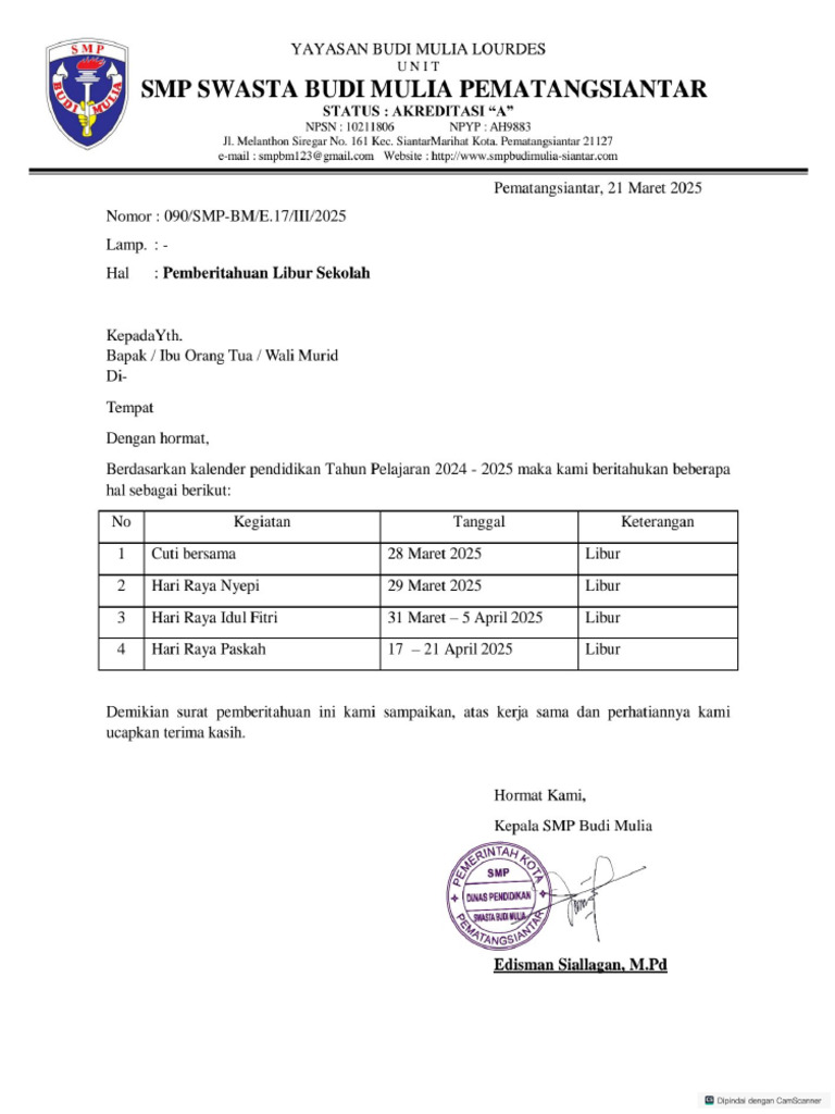 Surat Pemberitahuan Libur | PDF