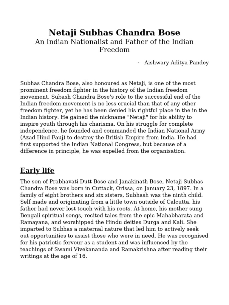 Netaji Subhas Chandra Bose Pdf Indian Nationalism Indian