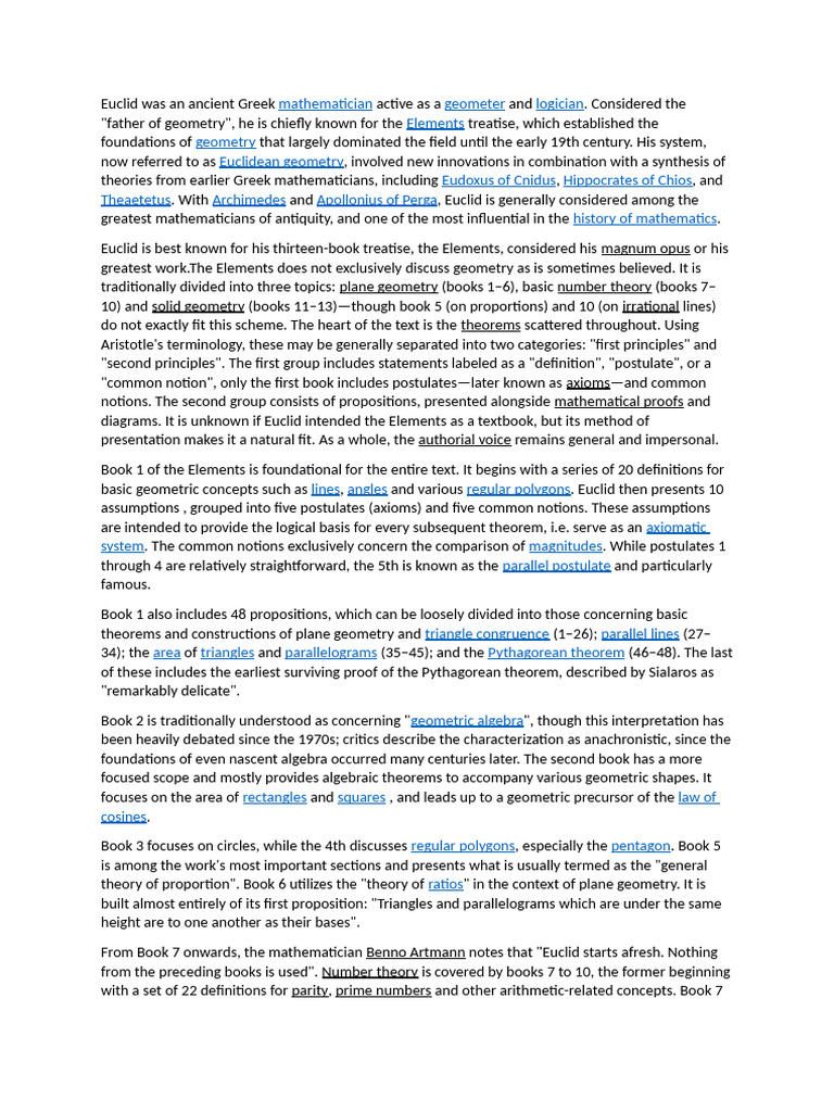 Euclid Was An Ancient Greek Mathematician Active As A Geometer and ...