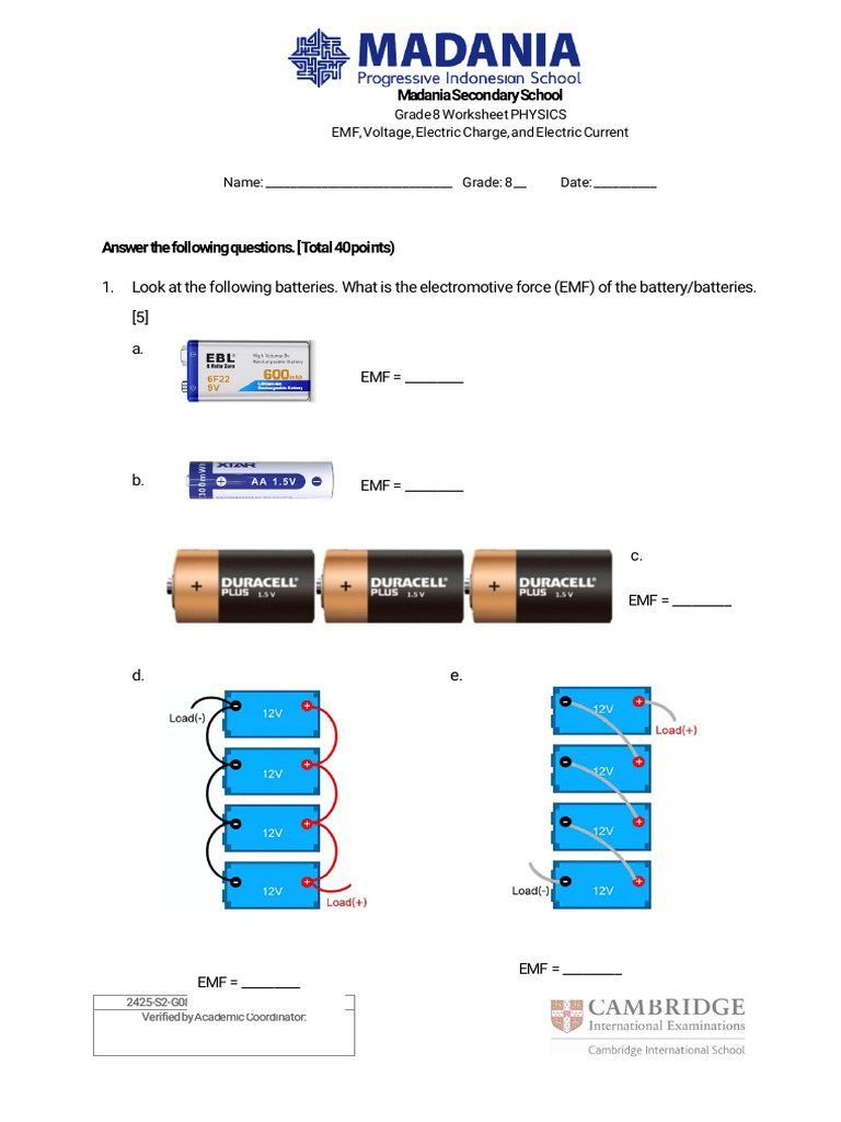 Grade 8 Physics EMF and Electric Concepts Worksheet | PDF | Voltage ...