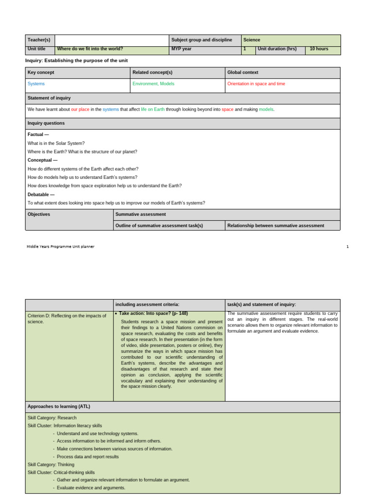 MYP 1 Science Unt6 Unit Planner | PDF | Earth Sciences | Earth