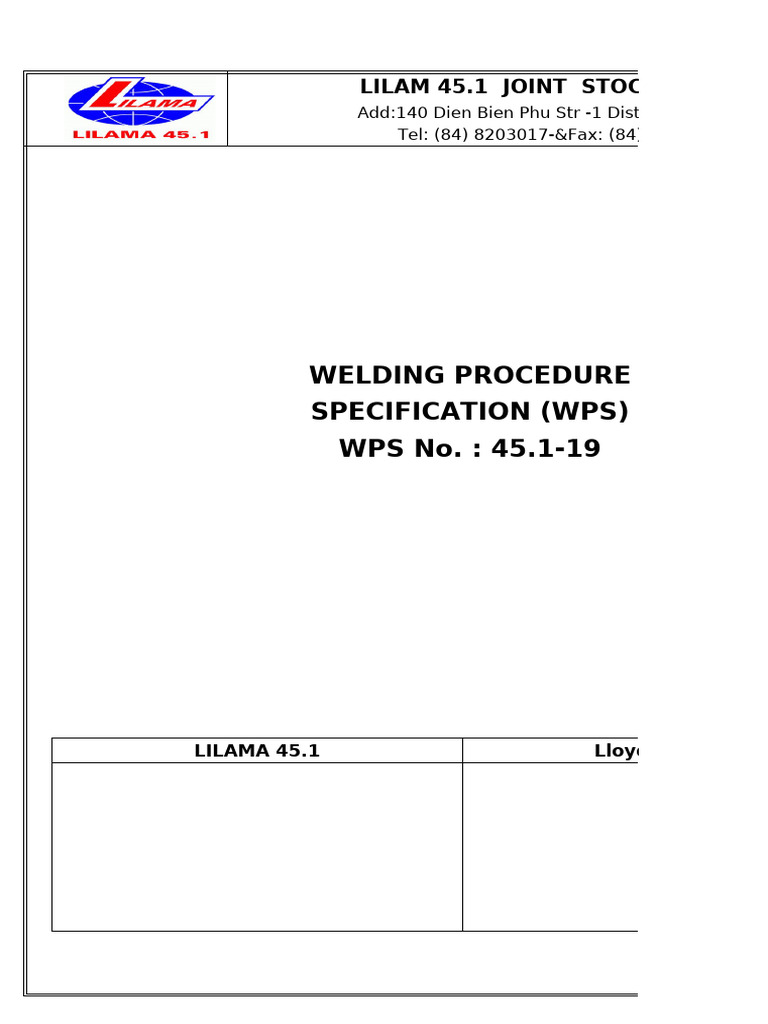 Welding Procedure Specification (WPS) WPS No.: 45.1-19: Lilam 45.1 ...