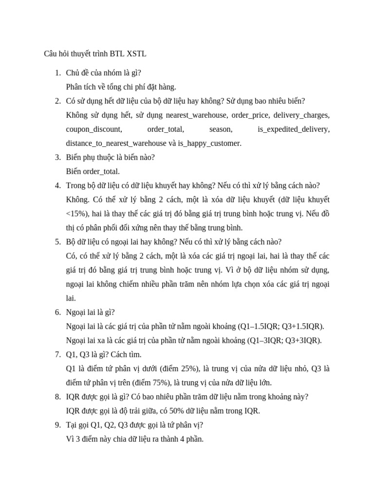 Câu hỏi thuyết trình BTL XSTK | PDF