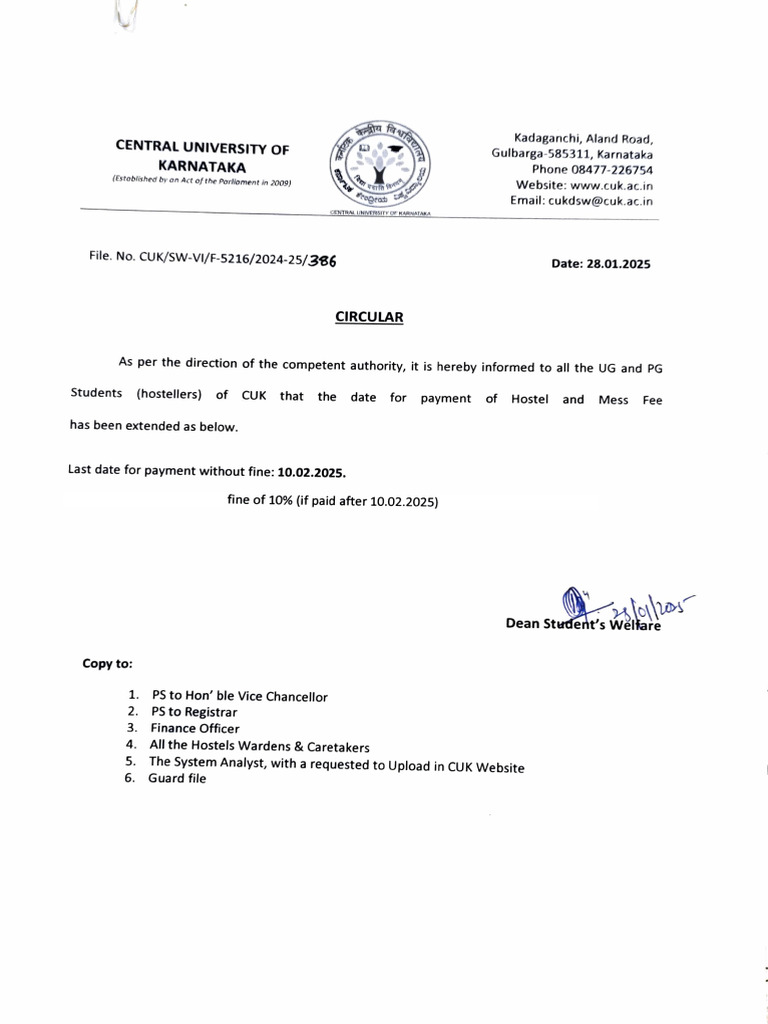 Hostel Mess Fees Extension Ug PG Students Even Sem Ay 2024-25 | PDF
