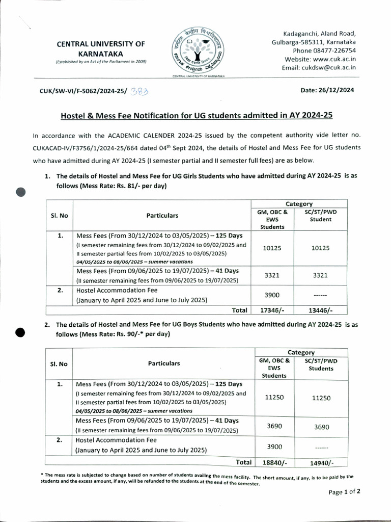 Hostel Mess Fees Ug New Students Even Sem Ay 2024-25 | PDF | Payments