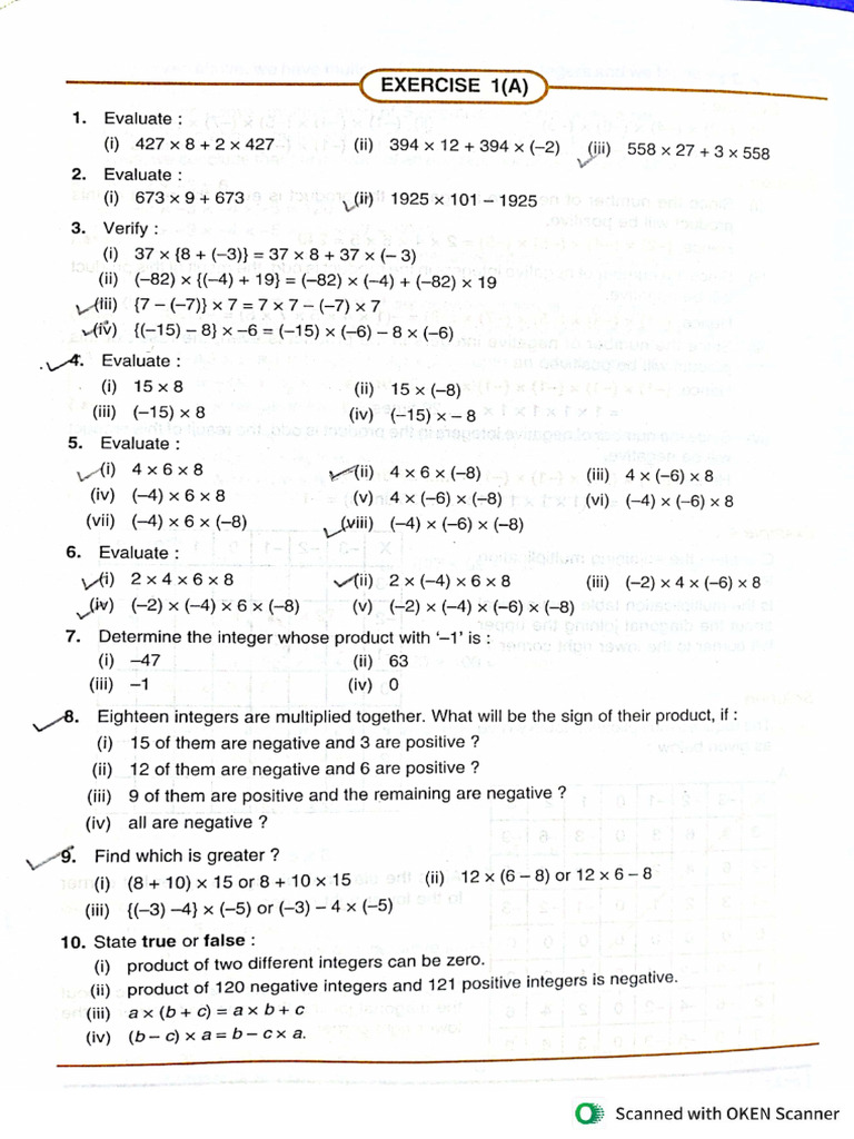Class-7 L-1 Integers Ex 1-A | PDF