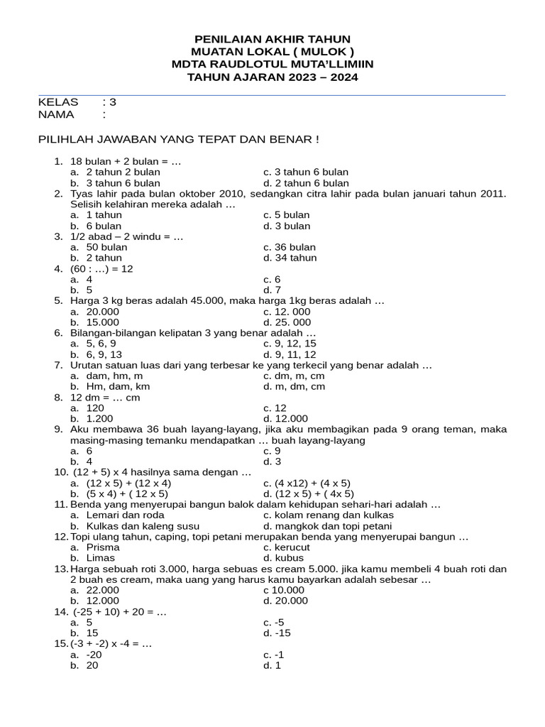 Penilaian Akhir Tahun Kelas 3 MDTA | PDF