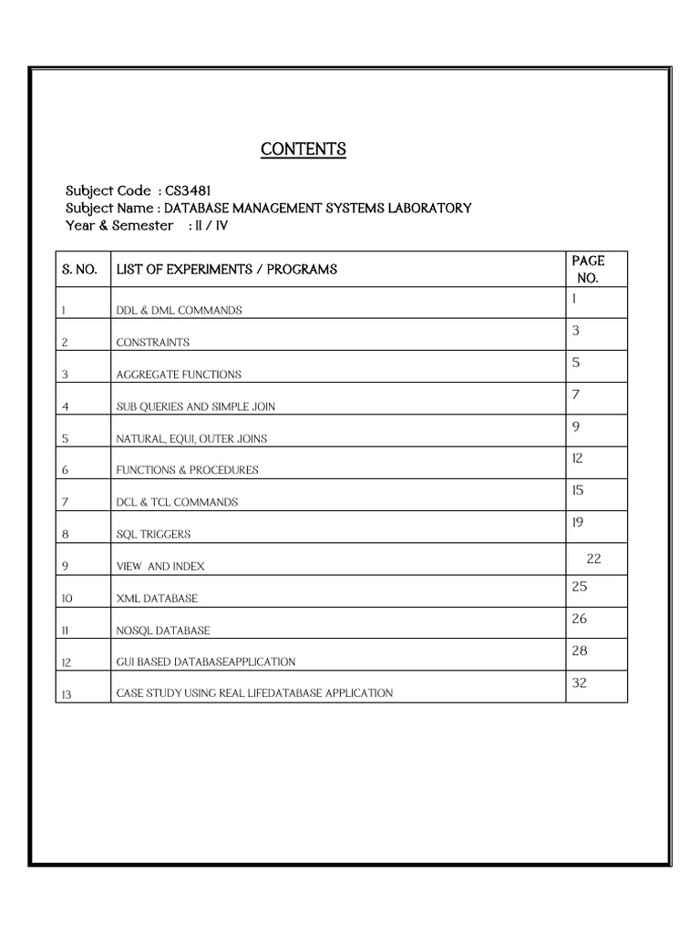 DBMS 2021 REGULATION LAB MANUAL | PDF | Relational Database | Sql