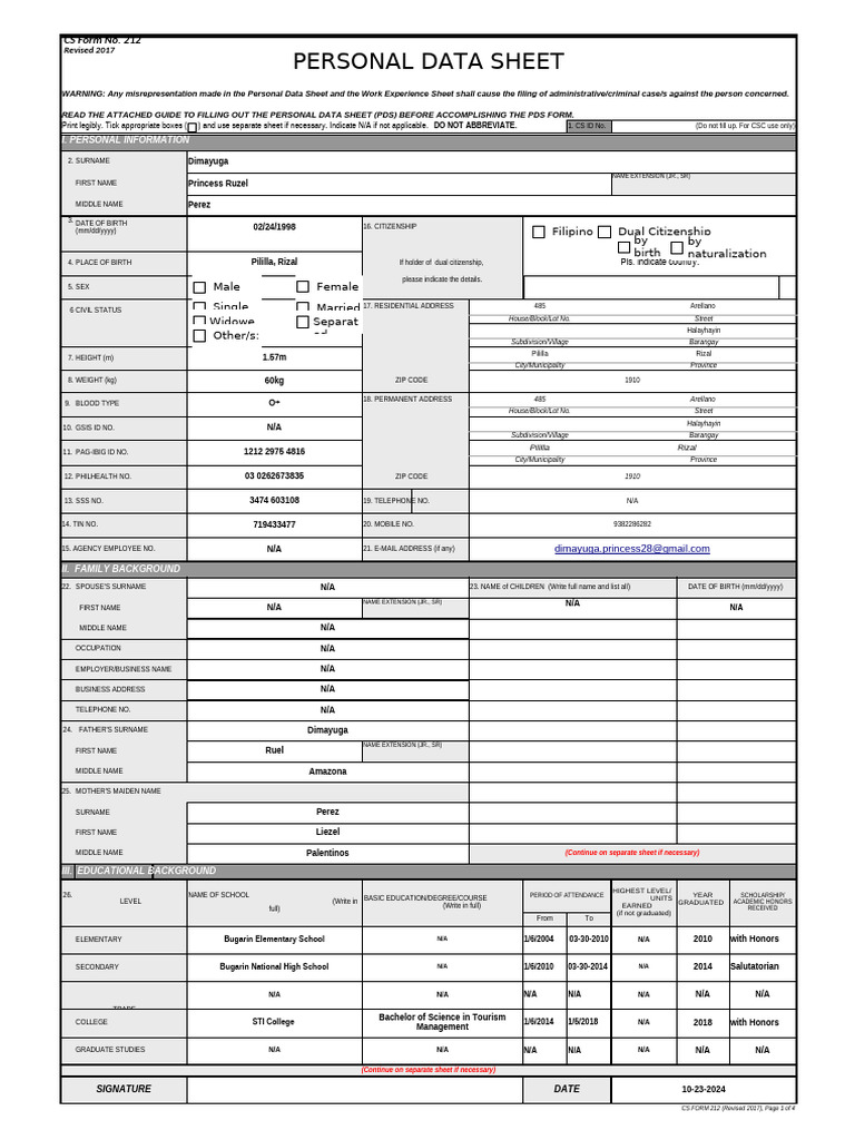 CS Form No. 212 Personal Data Sheet Revised 3 | PDF | Government And Personhood | Justice