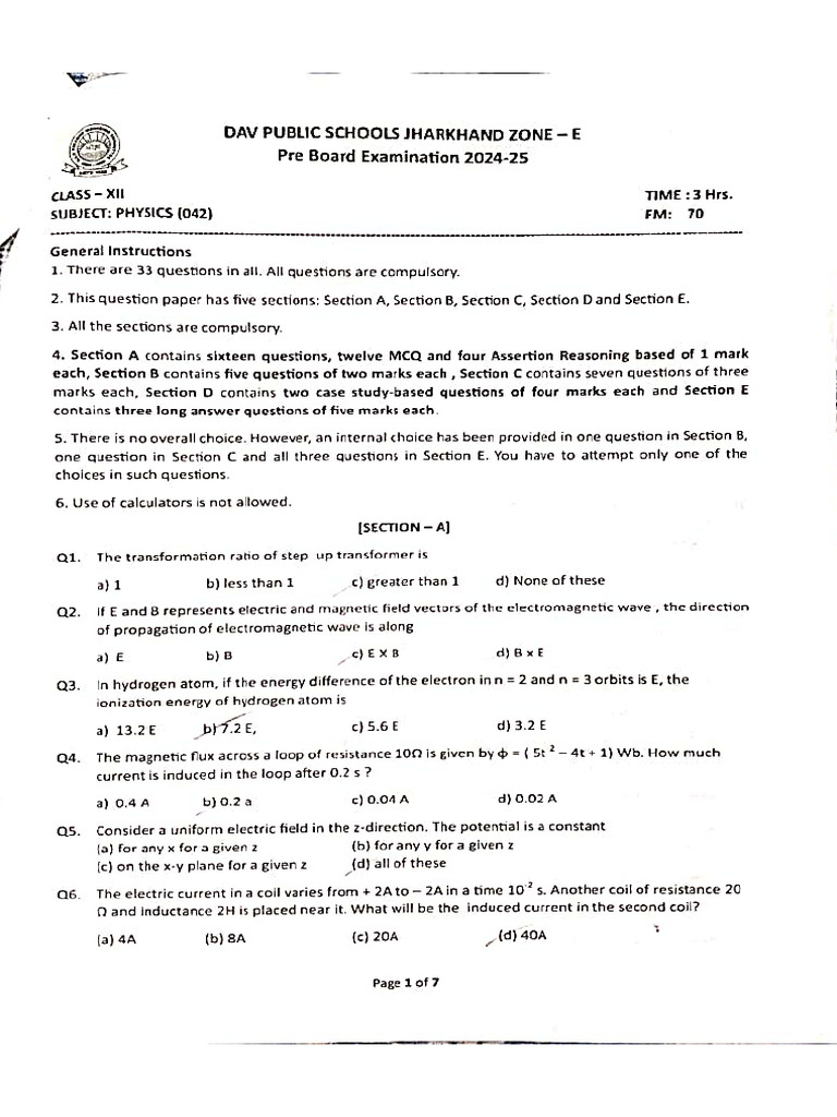 Pre Board Physics | PDF