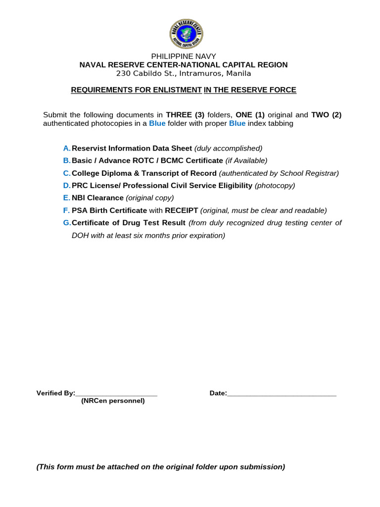 Philippine Navy Reservist Requirements | PDF
