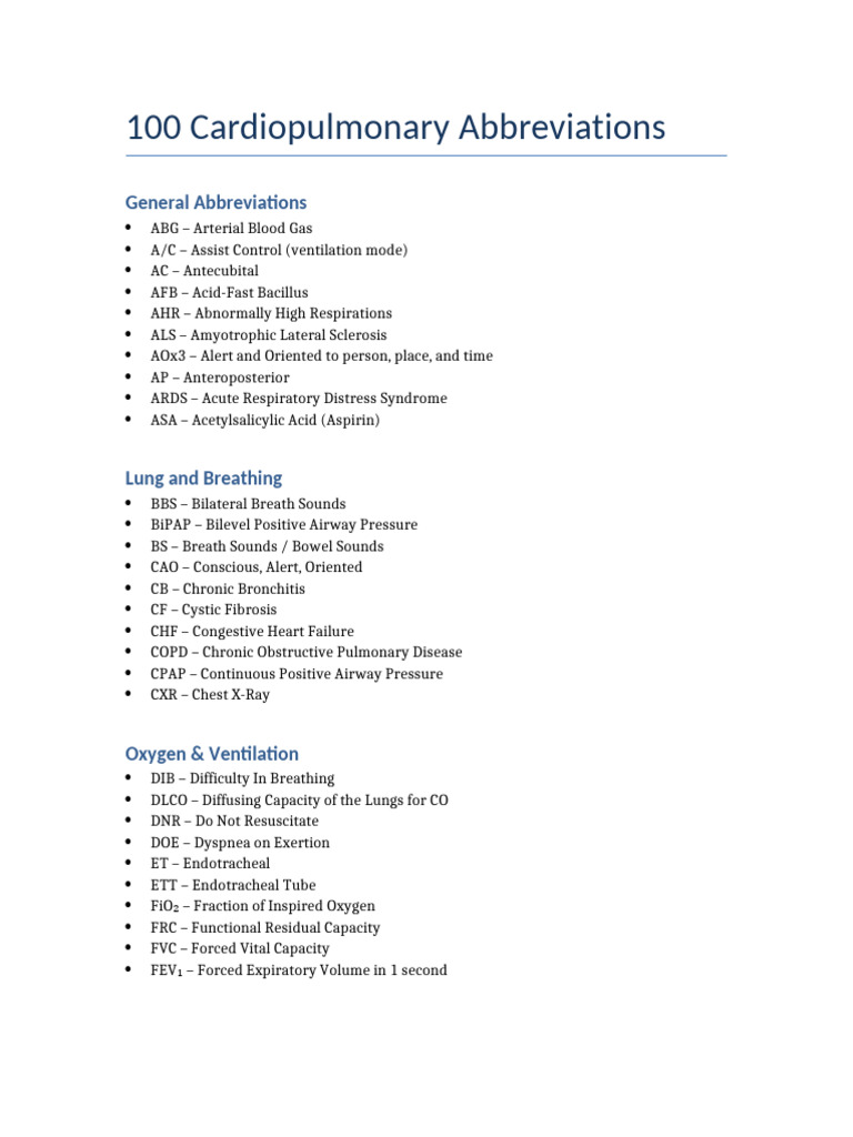 Essential Cardiopulmonary Abbreviations | PDF | Breathing | Respiratory ...