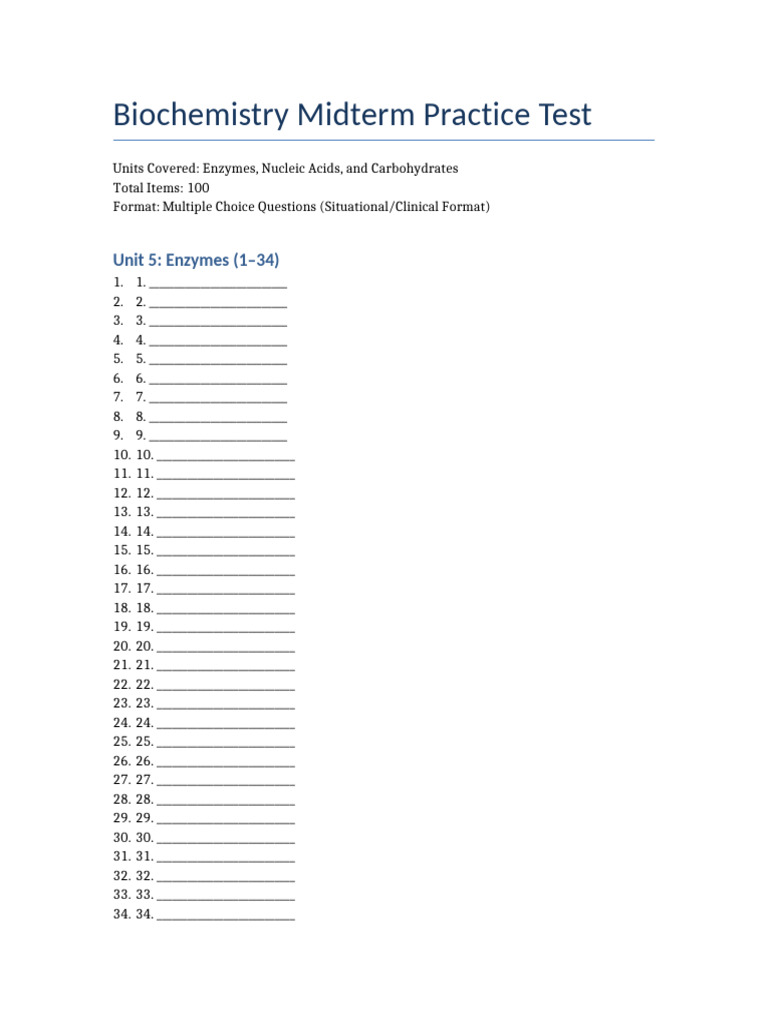 Biochemistry Midterm Practice Test | PDF | Biochemistry | Chemistry