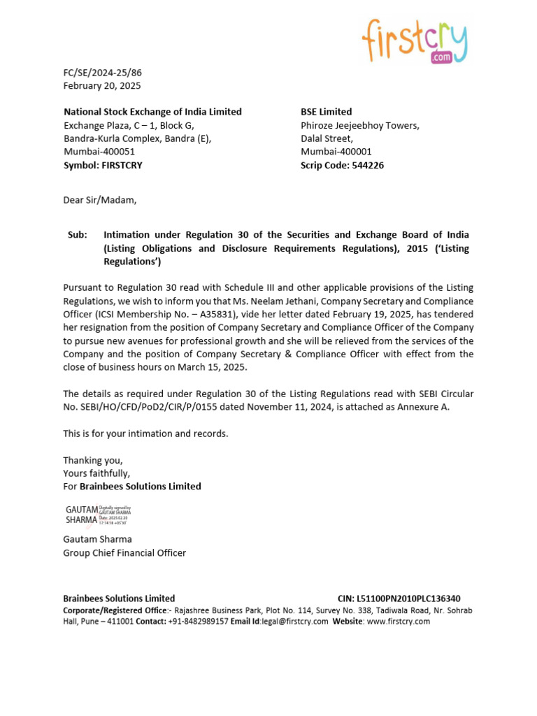 BRAINBEES 20022025172708 Intimation Under Regulation 30 Signed | PDF ...