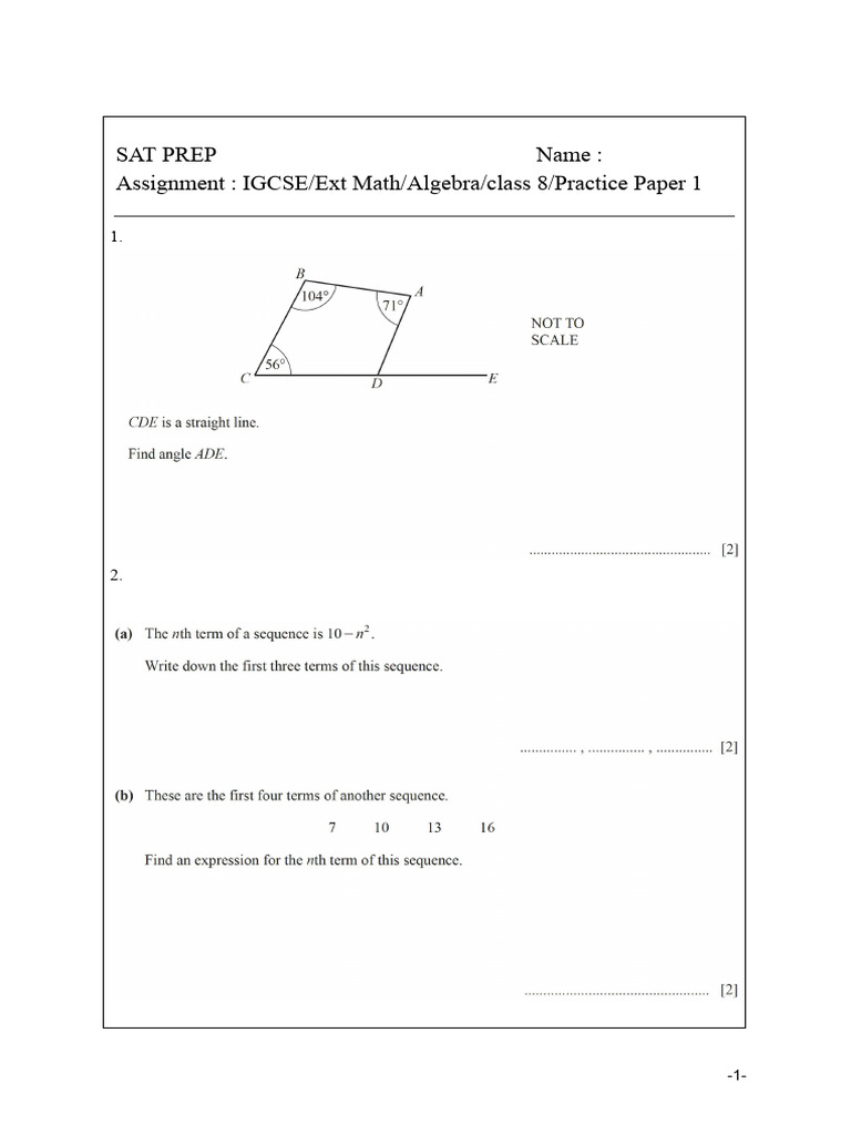 IGCSE - Ext Math - Algebra - Class 8 - Practice Paper 1 | PDF