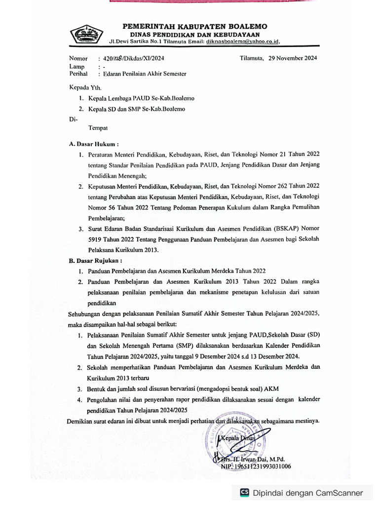 surat edaran Penilaian Akhir Semester bshs | PDF