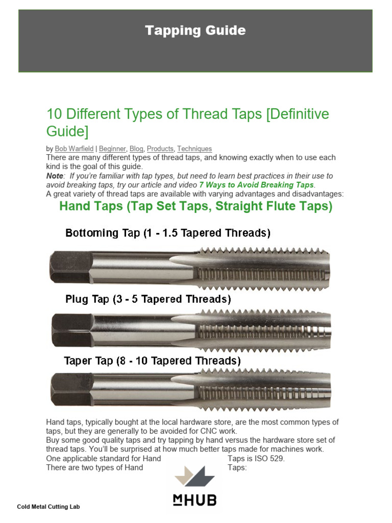A Guide to Types of Taps | PDF | Pipe (Fluid Conveyance) | Metalworking