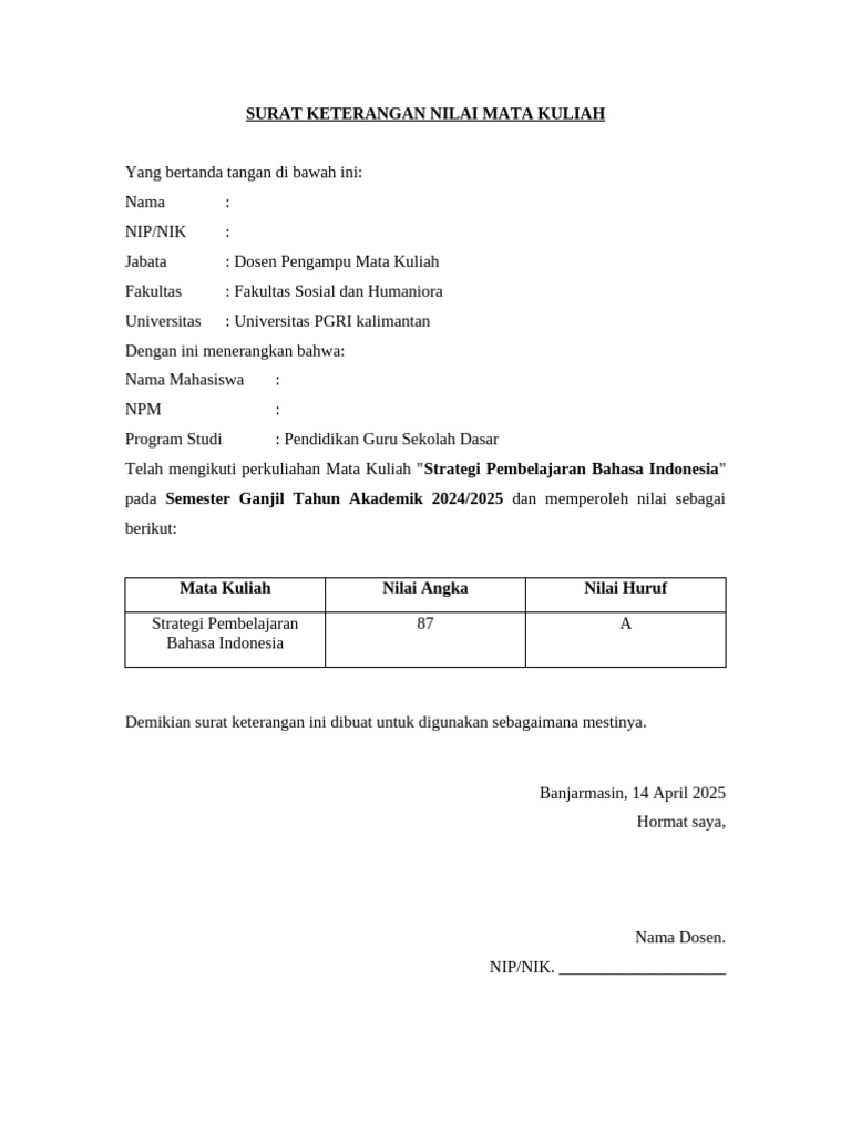 Format Surat Keterangan Nilai | PDF