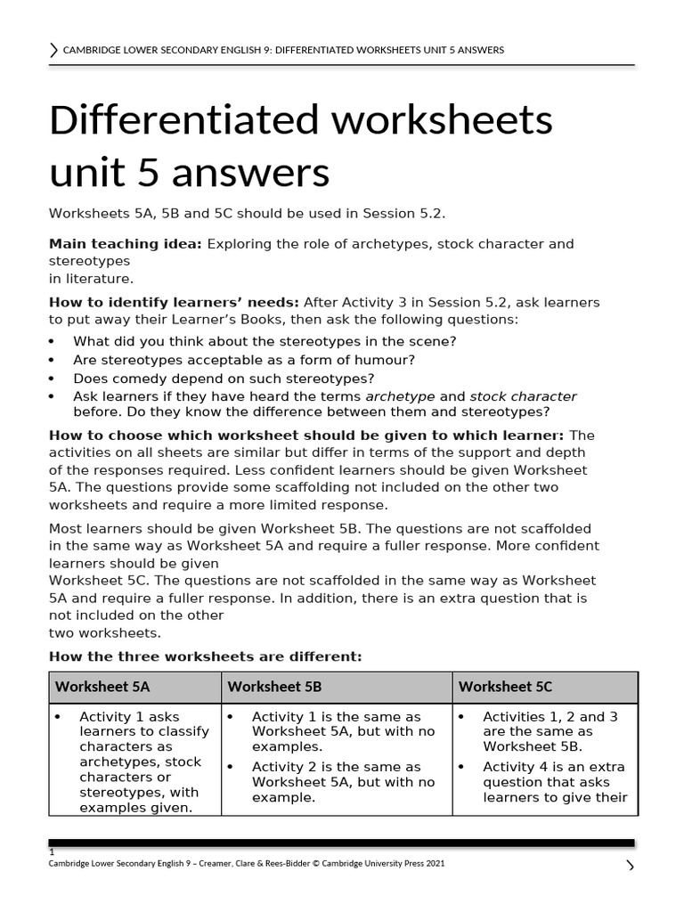 LS English 9 U5 Diff Worksheets Answers | PDF