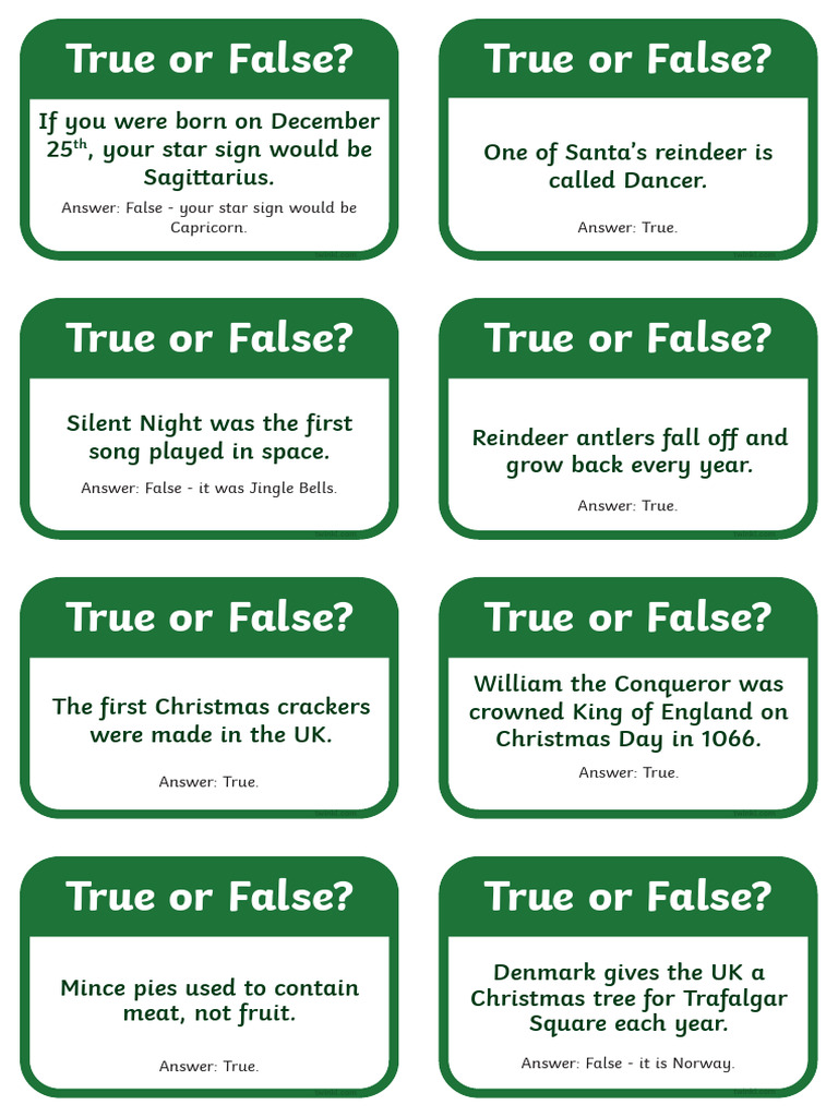 True or False Cards | PDF | Christmas | December Observances