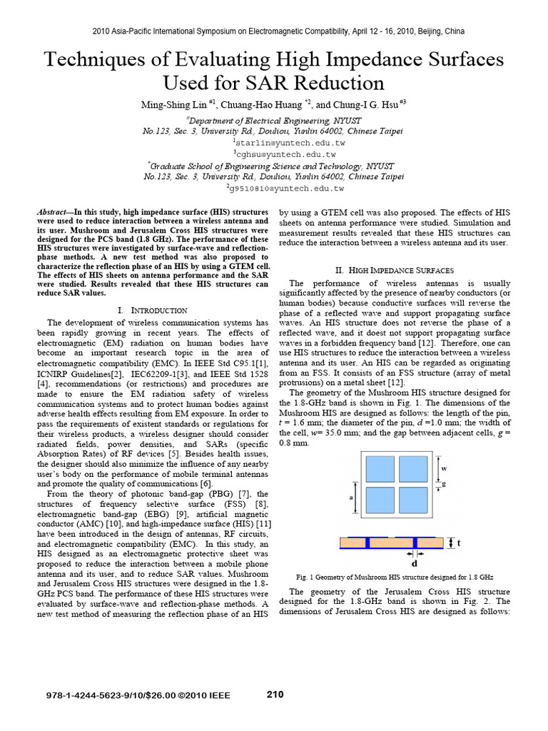2010 Techniques of Evaluating High Impedance Surfaces | PDF | Antenna (Radio) | Reflection (Physics)