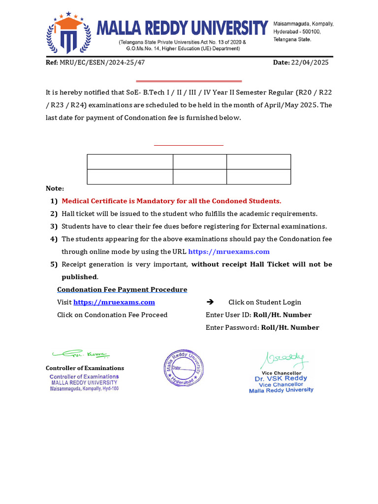 Condonation Fee Notification for Exams | PDF