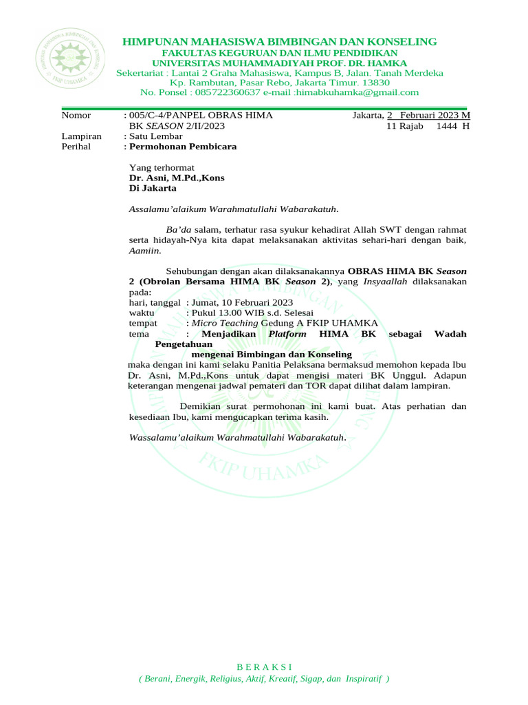 005 Surat Permohonan Pembicara OBRAS HIMA BK Season 2 Dan TOR | PDF