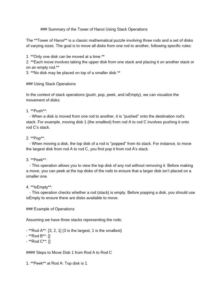 Summary of The Tower of Hanoi Using Stack Operations | PDF