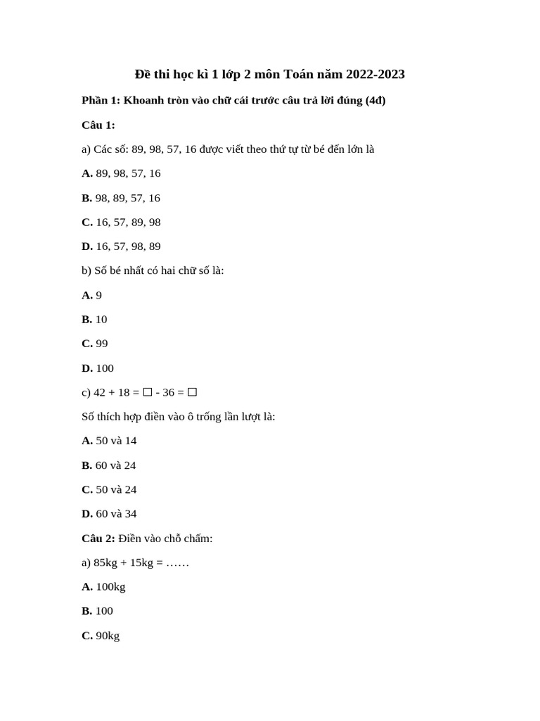 De Thi Hoc Ki 1 Lop 2 Mon Toan Sach Chan Troi de 4 | PDF